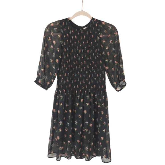 Zara | Dresses | Zara Black Floral Smocked Sheer Sleeve Dress | Poshmark